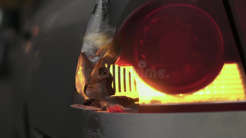 Broken Headlight and Alarm Light Blinking Close-up View. a Road ...