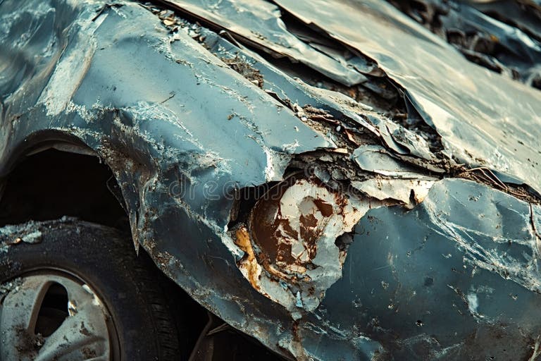 Broken Headlight and Mangled Fender of Wrecked Car Showing Rust and ...