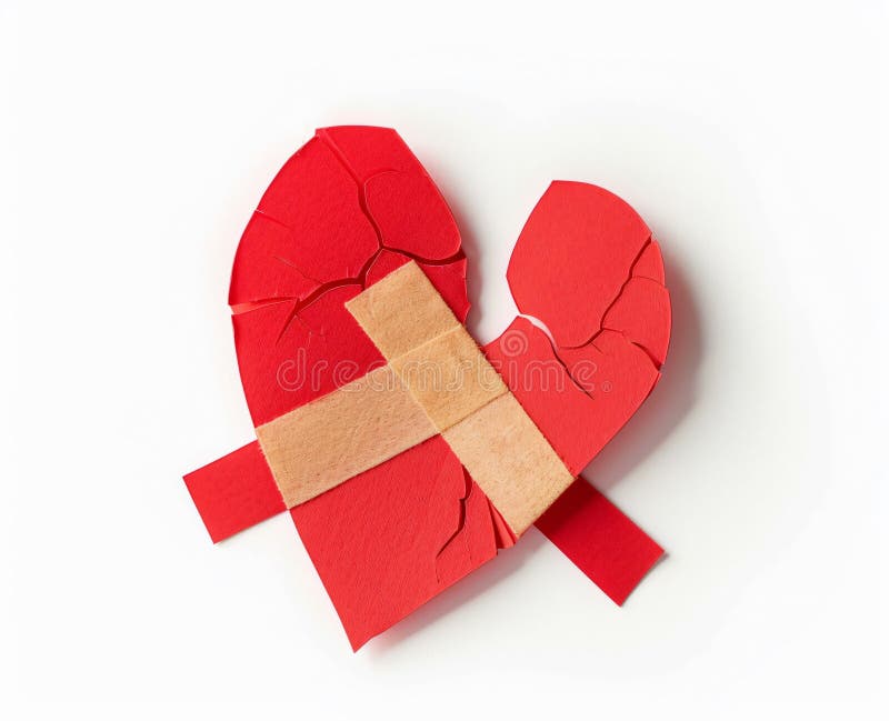 Red Paper Broken Heart with Bandage on White Background Stock ...