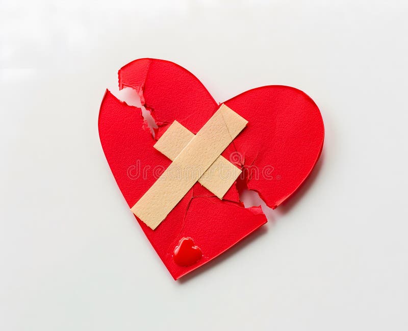 Broken Heart with Bandage, Red Paper Cutout on White Background Stock ...