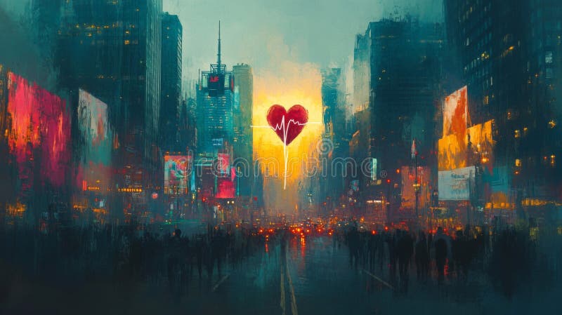 Broken Heart in Futuristic City at Sunset Stock Illustration ...
