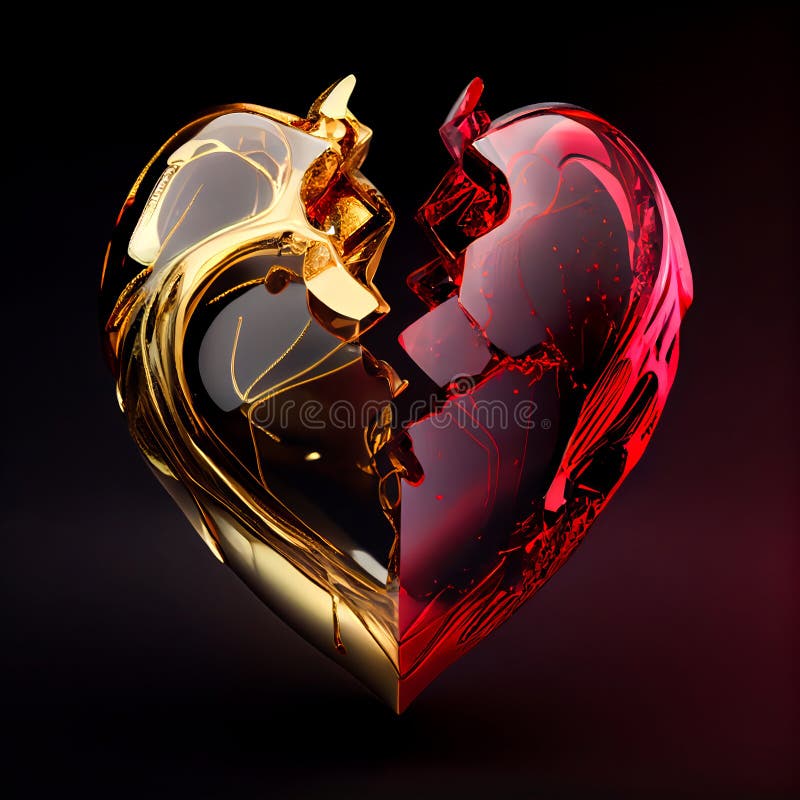 Broken Heart Made of Ruby and Gold Isolated on Black Background. Stock ...
