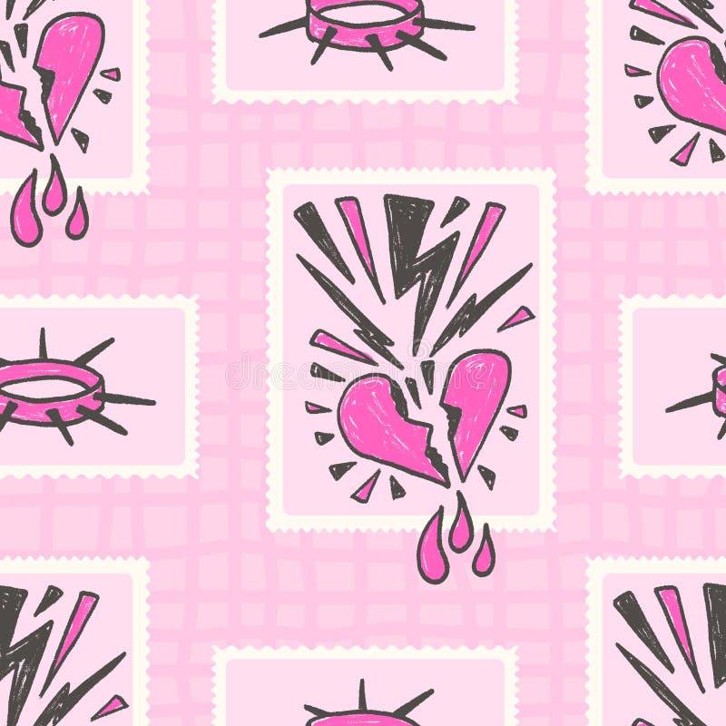 Broken Heart Postage Stamp Seamless Pattern. Punk Rock Collar on Frame ...