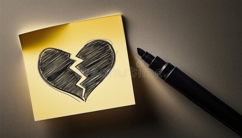 Broken Heart Sketch on Yellow Sticky Note with Black Marker on a Gray ...