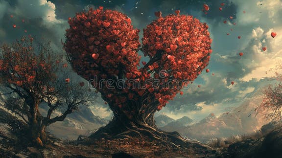 Broken Heart Tree Landscape: Red Leaves, Dark Clouds, Dramatic Lighting ...