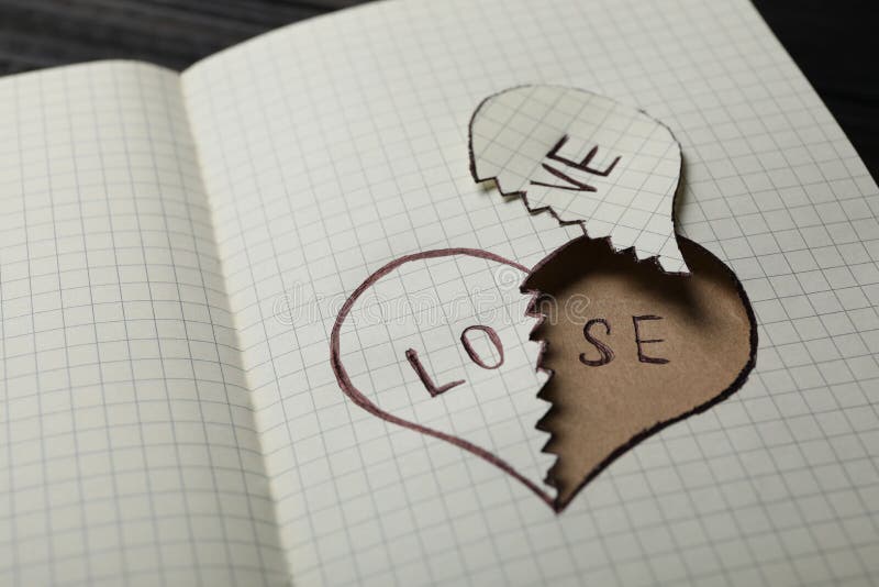 Broken Heart with Words LOVE and LOSE in Notebook on Table ...