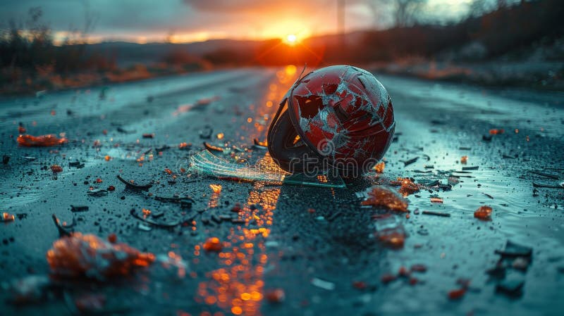 Broken Helmet on a Rainy Road at Sunset, Generative AI Stock Image ...