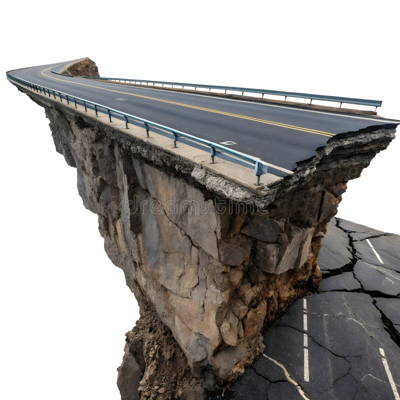 Broken Highway on Top of a Floating Rock Cliff Isolated on White ...