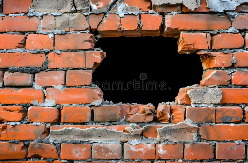Broken Hole in Old Red Brick Wall with Grunge Background Stock ...