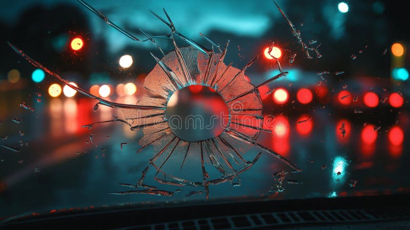 Broken Horizontal Glass, Bullet Hole in a Car S Windshield Stock Photo ...