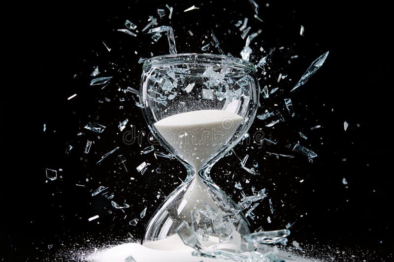 Broken Hourglass Exploding with Sand and Glass Shards on Black Background Stock Photo - Image of ...