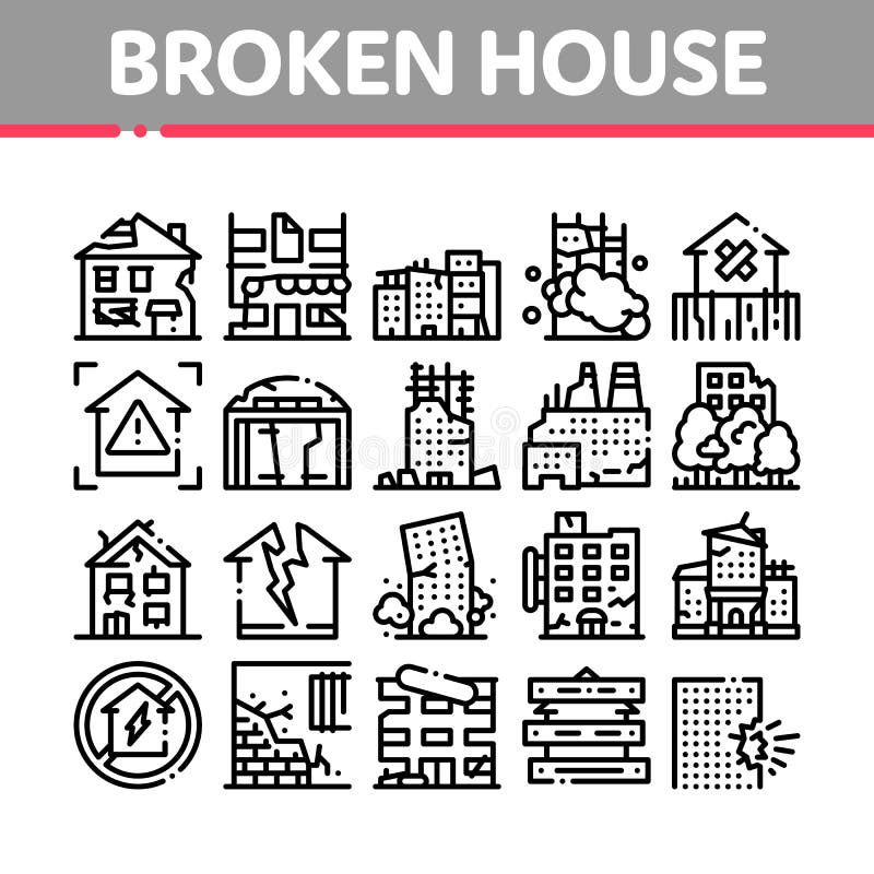 Broken House Building Collection Icons Set Vector Stock Vector ...