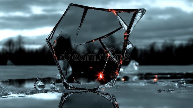 A Broken Ice Sculpture with a Reflection of a Person in the Water Stock ...