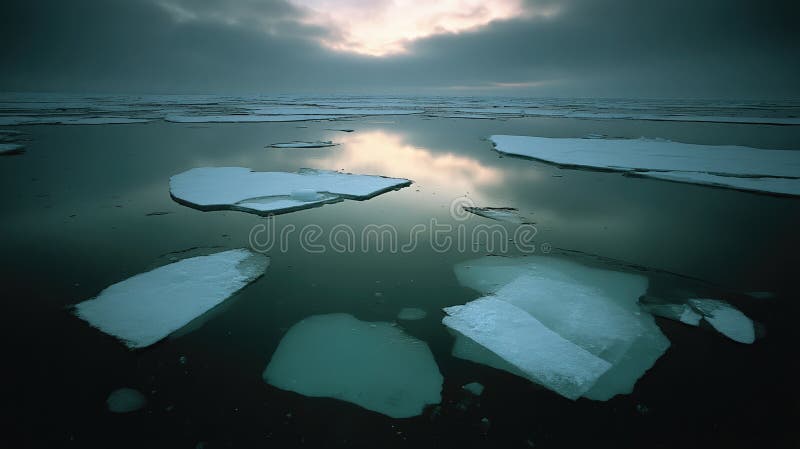 Broken Ice Sheets Drift in Open Water Under a Cloudy Sky in a Polar ...