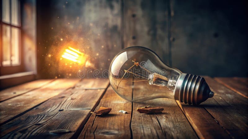 A Broken Incandescent Light Bulb Rests on a Rustic Wooden Surface ...