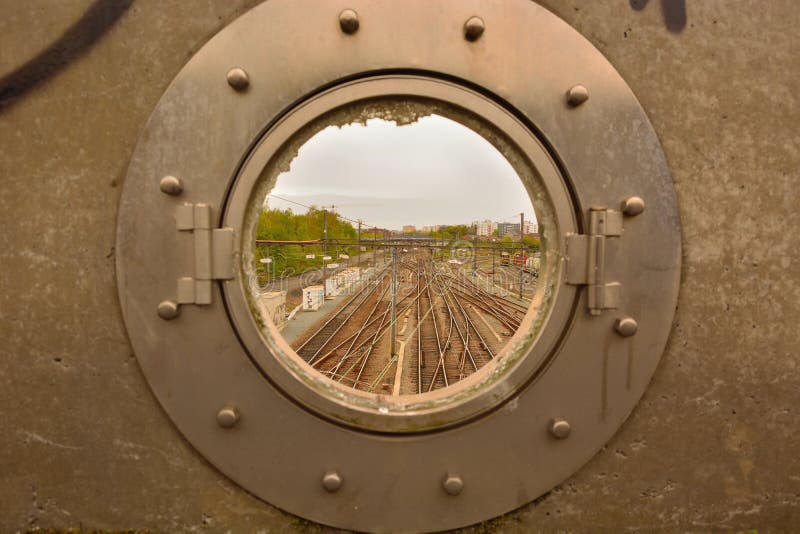 Broken Industrial Window and Trainrails Stock Image - Image of rails ...