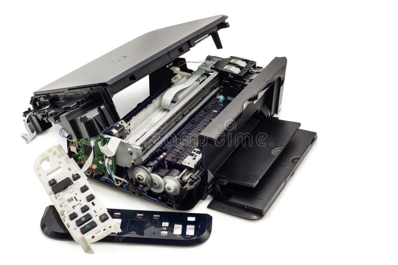 Broken Inkjet Printer with Exposed Components and Disassembled Parts ...
