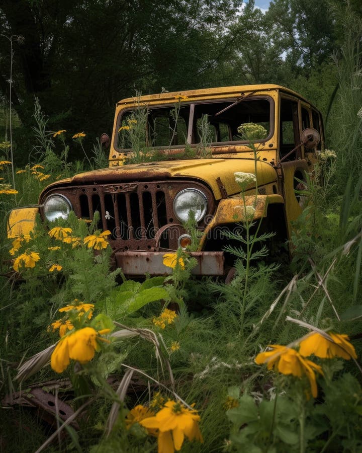 A Broken Jeep Surrounded by Curious Native Blooms. Abandoned Landscape ...