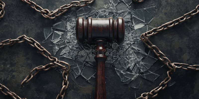 Broken Justice Symbolized by Gavel on Shattered Glass Surrounded by ...