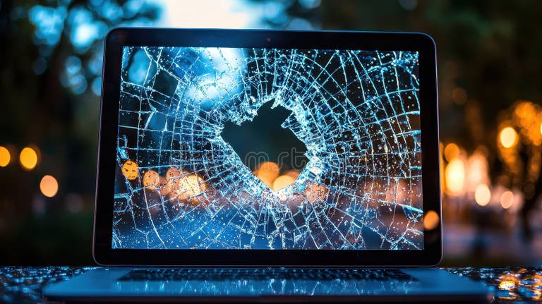 Broken Laptop Displaying a Cracked Screen and Damaged Components, Signifying Technical Failure ...