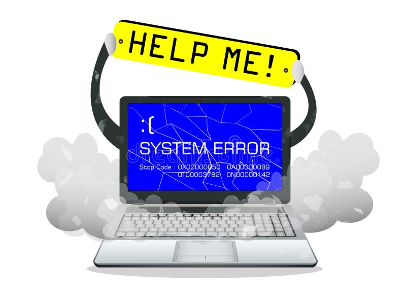 Broken Laptop Error Screen with Help Me Banner Stock Vector ...