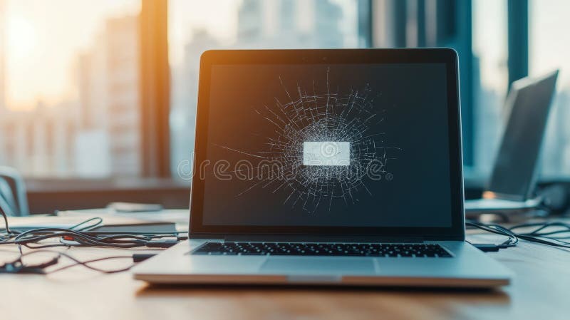 Broken Laptop Screen Displaying Warning Message, Surrounded by Tangled ...