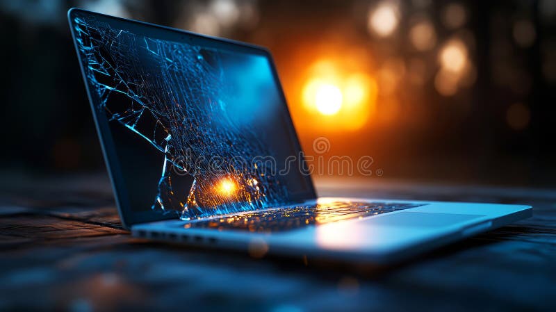 Broken Laptop Screen on Wooden Table Illuminated by Warm Sun during ...