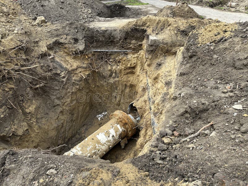 Broken Large Metal Pipe at the Construction Site Stock Image - Image of ...