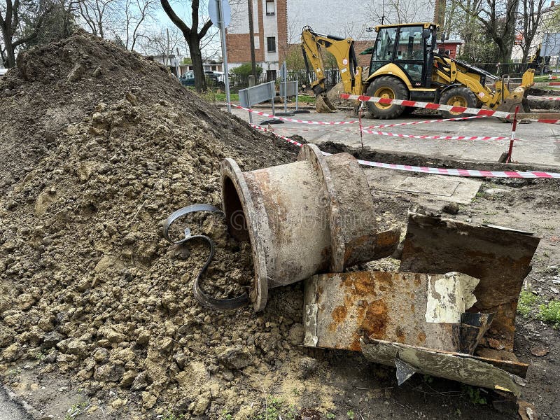 Broken Large Metal Pipe at the Construction Site Stock Photo - Image of ...