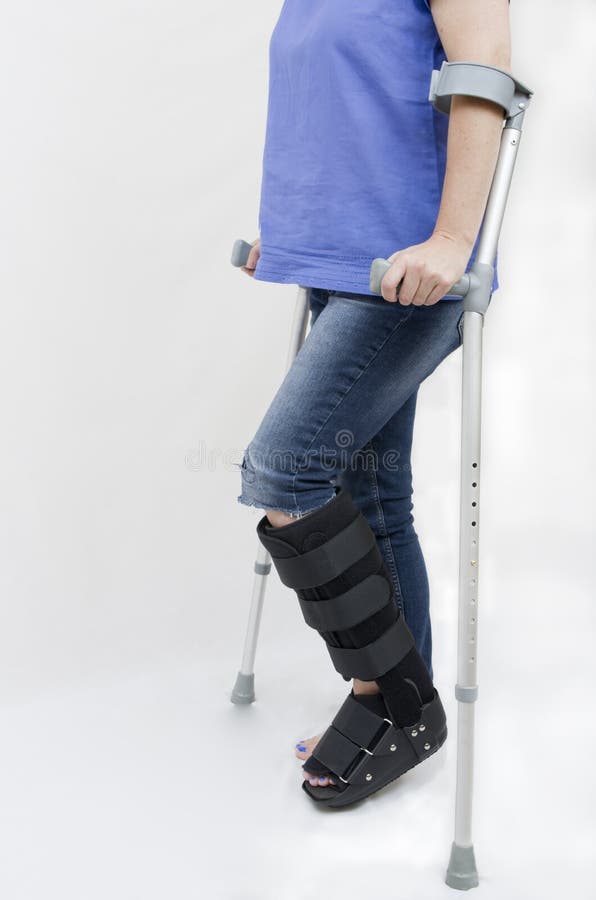 Broken Leg with Support Boot and Crutches Stock Photo - Image of pain ...
