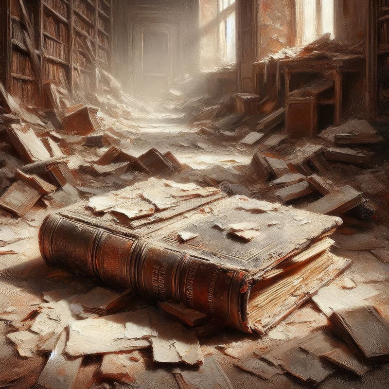 Broken Library with Central Book in Foreground Stock Illustration ...