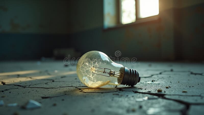 Broken Light Bulb on Cracked Floor in Abandoned Building Dust Particles ...