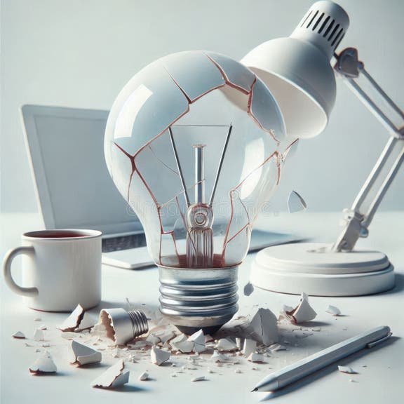 A Broken Light Bulb on the Desk with a Mug and a Lamp. Stock Image ...