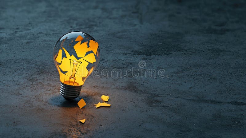 Broken Light Bulb Glowing with Fractured Pieces on Dark Surface Stock ...
