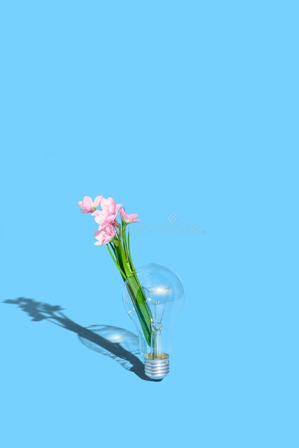 . Broken Light Bulb on a Pink Background with an Inserted Flower. the ...