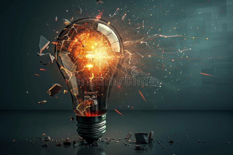 Broken Light Bulb Releasing Energy in a Dark Environment Stock Image ...