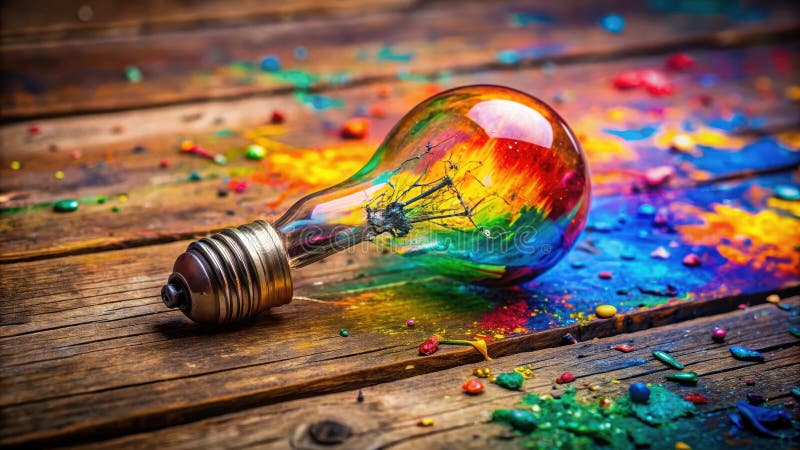 A Broken Light Bulb on a Wooden Surface Surrounded by Vibrant Paint ...