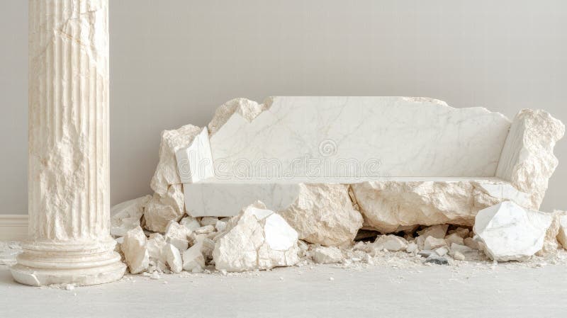 Broken Marble Columns and Rubble in a Minimalist Interior Stock ...