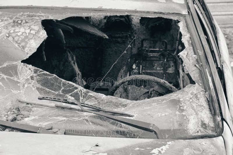 Broken and Melted Windshield of Burnt Out Car after Fire Stock Photo ...