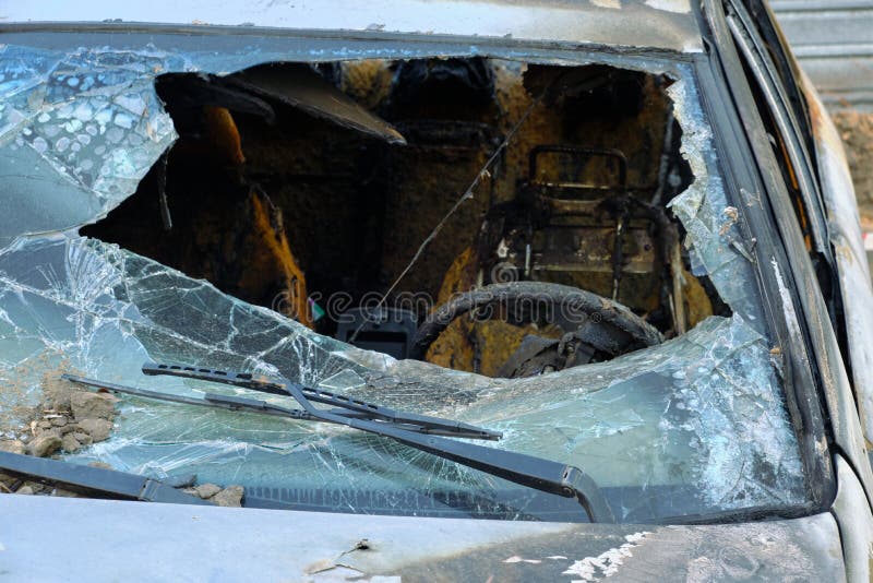 Broken and Melted Windshield of Burnt Out Car after Fire Stock Image ...