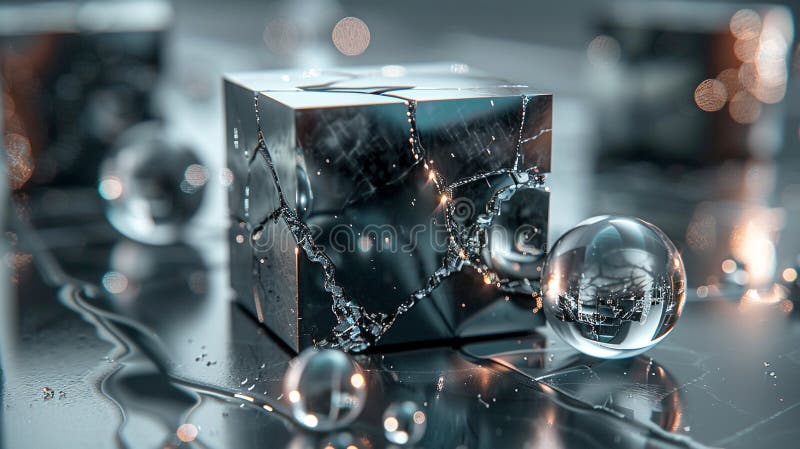 Shattered Metallic Cube and Clear Spheres Reflecting Soft Light in an ...