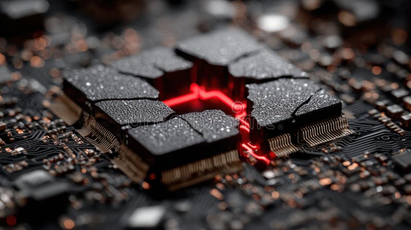Broken Microchip with Glowing Red Crack on Circuit Board Symbolizing ...