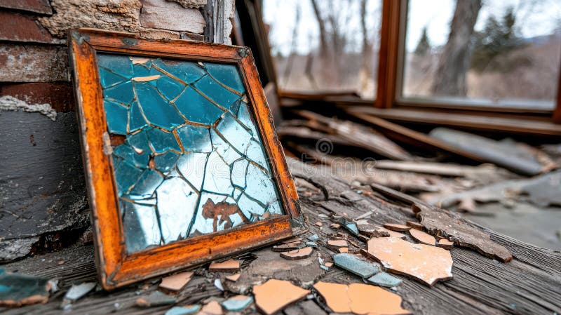 Broken Mirror in Abandoned Room with Cracked Glass and Wooden Frame ...