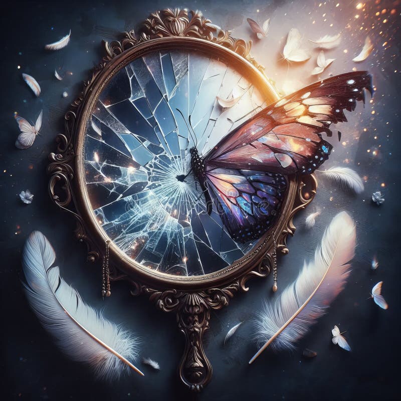 Broken Mirror with Feather and Butterfly Represents Shattered Dr Stock Illustration ...