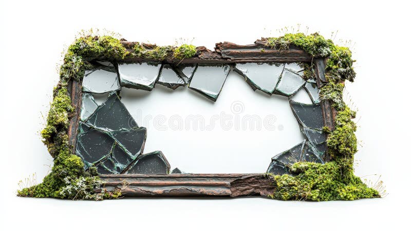 Broken Mirror with Moss and Shattered Glass Reflecting Nature and Decay ...