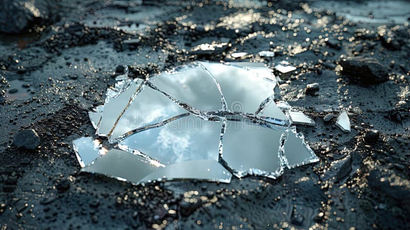 Broken Mirror Reflecting Clouds on Wet Ground Stock Photo - Image of ...