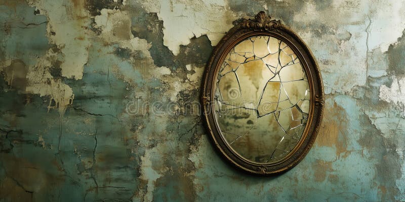 Broken Mirror Reflecting Distressed Wall with Peeling Paint and Vintage ...