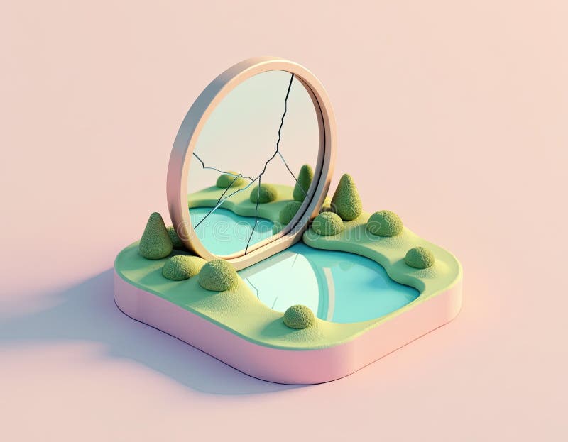 Broken Mirror Reflecting Serene Landscape 3D Render of Minimalist ...