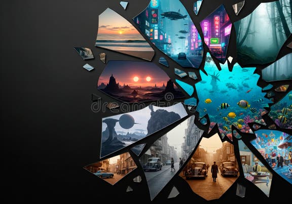 A Broken Mirror with the Reflection of Different Worlds. Space for Text ...