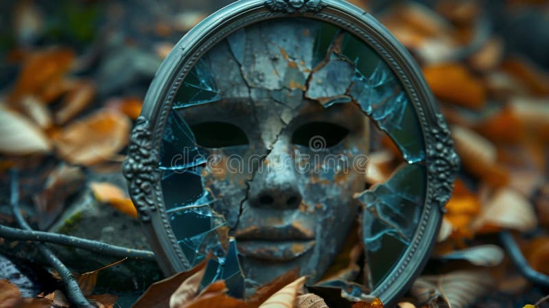 A Broken Mirror with Shards Tered Around a Mask Symbolizing the Lies ...